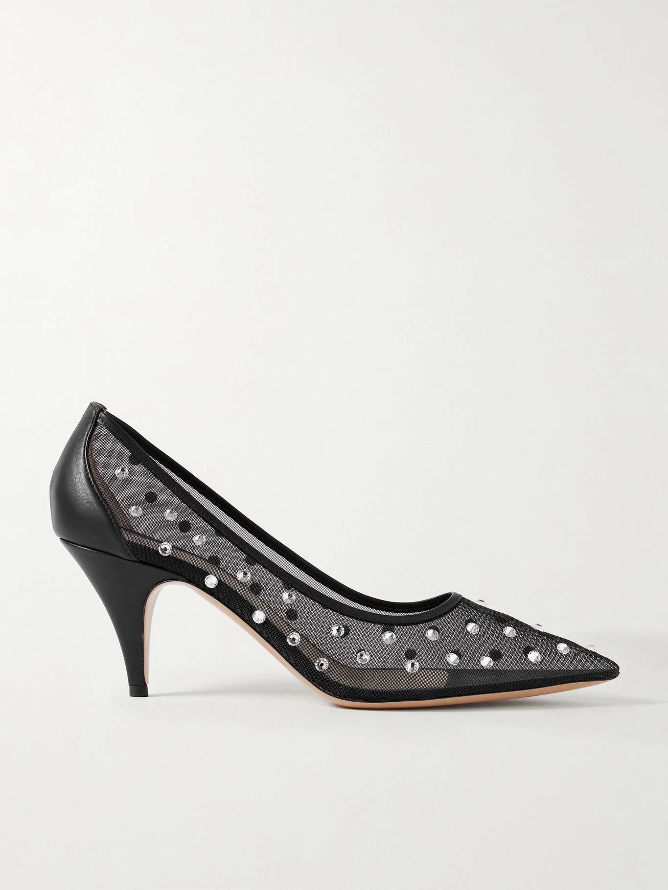 Leather-trimmed crystal-embellished mesh pumps - Style Curators
